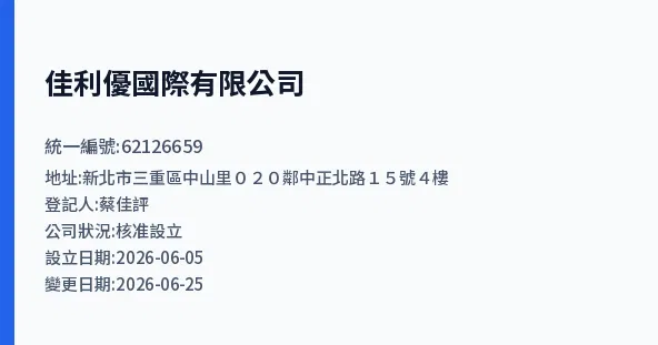 佳利優國際有限公司的照片-統編 62126659(新北市) 公司登記資料與營業項目詳細圖表