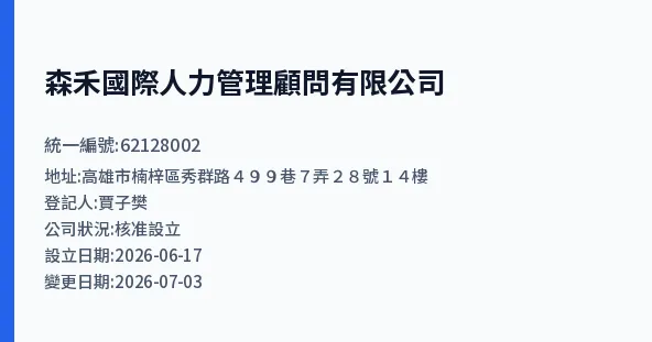 森禾國際人力管理顧問有限公司的照片-統編 62128002(高雄市) 公司登記資料與營業項目詳細圖表