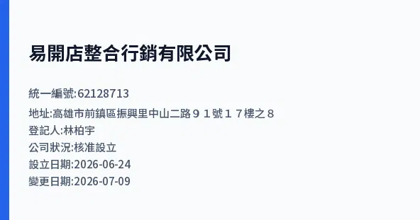 易開店整合行銷有限公司的照片-統編 62128713(高雄市) 公司登記資料與營業項目詳細圖表