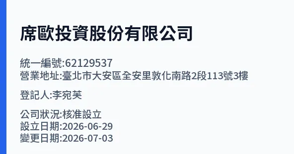 席歐投資股份有限公司的照片-統編 62129537(臺北市) 公司登記資料與營業項目詳細圖表