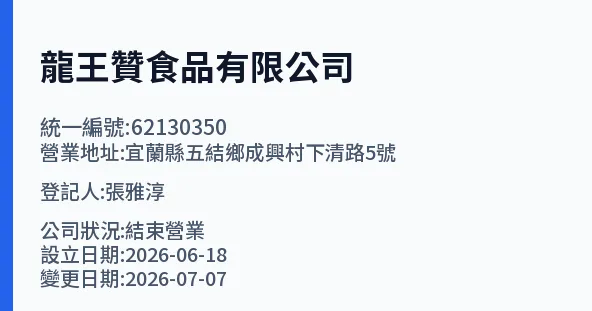 龍王贊食品有限公司的照片-統編 62130350(宜蘭縣) 公司登記資料與營業項目詳細圖表