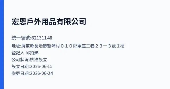 宏恩戶外用品有限公司的照片-統編 62131148(屏東縣) 公司登記資料與營業項目詳細圖表