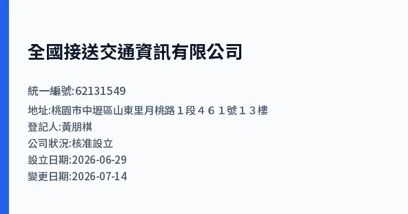 全國接送交通資訊有限公司的照片-統編 62131549(桃園市) 公司登記資料與營業項目詳細圖表