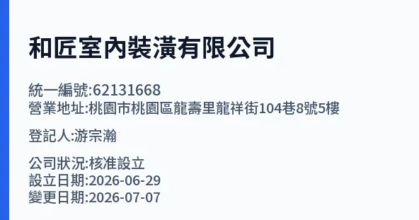 和匠室內裝潢有限公司的照片-統編 62131668(桃園市) 公司登記資料與營業項目詳細圖表
