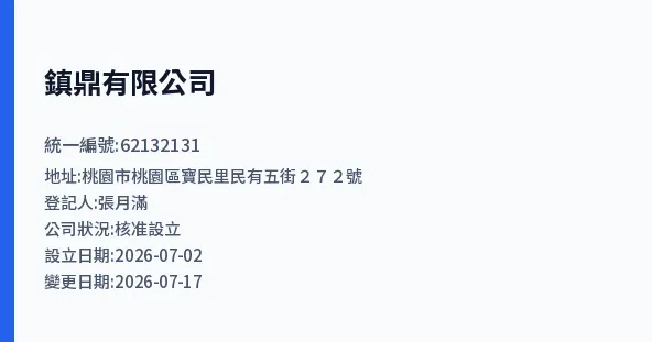 鎮鼎有限公司的照片-統編 62132131(桃園市) 公司登記資料與營業項目詳細圖表