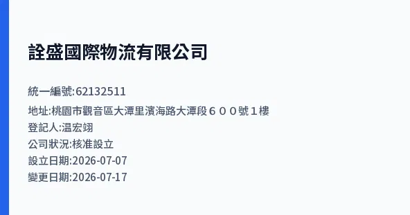 詮盛國際物流有限公司的照片-統編 62132511(桃園市) 公司登記資料與營業項目詳細圖表