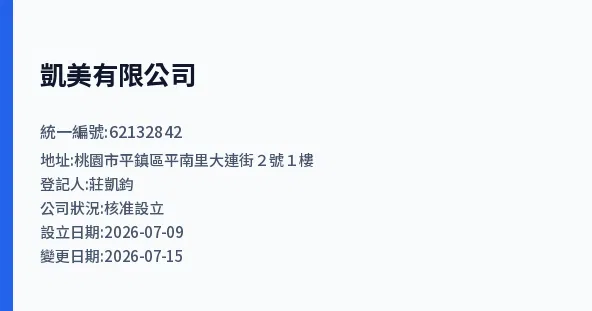 凱美有限公司的照片-統編 62132842(桃園市) 公司登記資料與營業項目詳細圖表