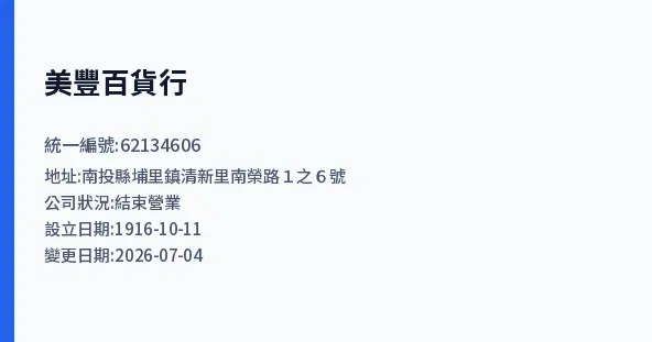 美豐百貨行的照片-統編 62134606(南投縣) 公司登記資料與營業項目詳細圖表