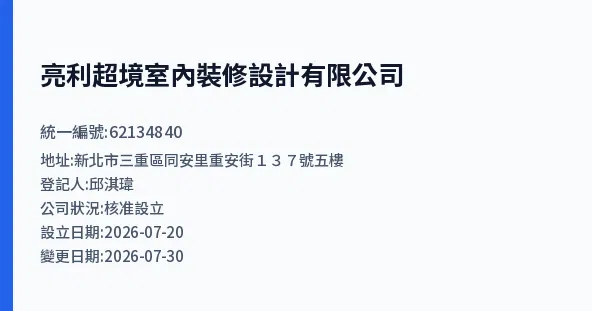 亮利超境室內裝修設計有限公司的照片-統編 62134840(新北市) 公司登記資料與營業項目詳細圖表