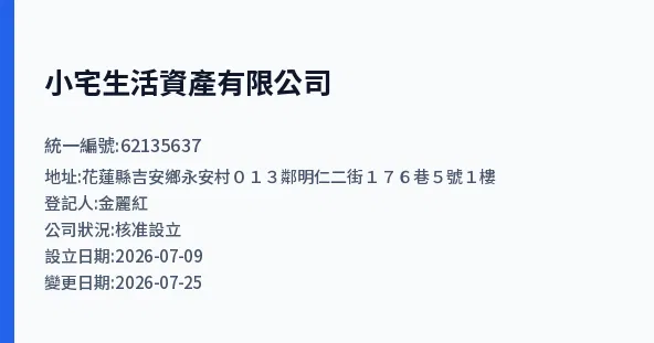 小宅生活資產有限公司的照片-統編 62135637(花蓮縣) 公司登記資料與營業項目詳細圖表