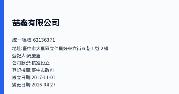 喆鑫有限公司的照片-統編 62136371(臺中市) 公司登記資料與營業項目詳細圖表