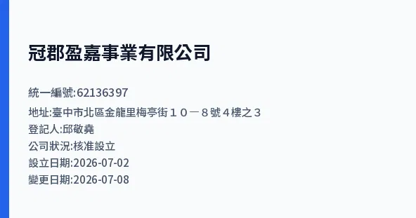 冠郡盈嘉事業有限公司的照片-統編 62136397(臺中市) 公司登記資料與營業項目詳細圖表