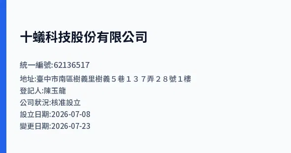 十蟻科技股份有限公司的照片-統編 62136517(臺中市) 公司登記資料與營業項目詳細圖表