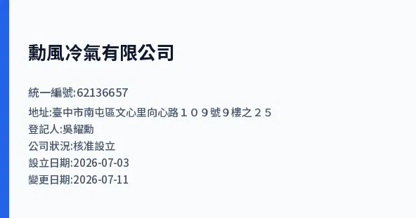 勳風冷氣有限公司的照片-統編 62136657(臺中市) 公司登記資料與營業項目詳細圖表