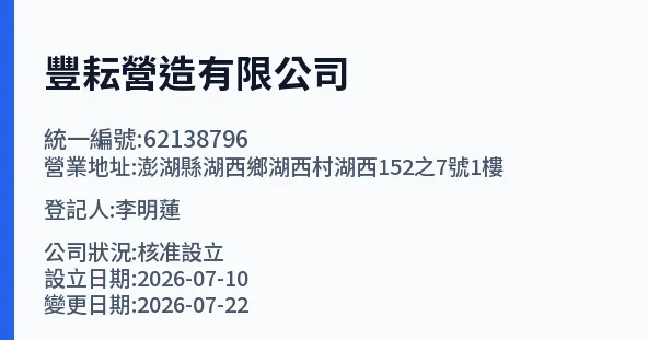 豐耘營造有限公司的照片-統編 62138796(澎湖縣) 公司登記資料與營業項目詳細圖表