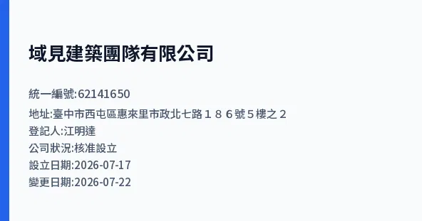 域見建築團隊有限公司的照片-統編 62141650(臺中市) 公司登記資料與營業項目詳細圖表
