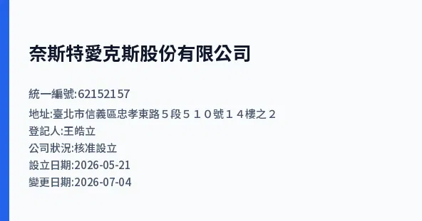 奈斯特愛克斯股份有限公司的照片-統編 62152157(臺北市) 公司登記資料與營業項目詳細圖表