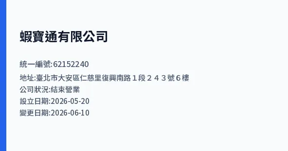 蝦寶通有限公司的照片-統編 62152240(臺北市) 公司登記資料與營業項目詳細圖表
