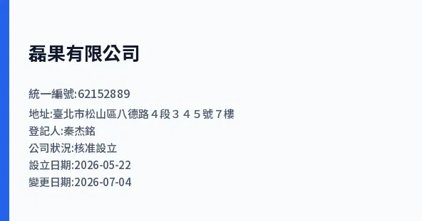磊果有限公司的照片-統編 62152889(臺北市) 公司登記資料與營業項目詳細圖表