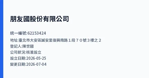 朋友國股份有限公司的照片-統編 62153424(臺北市) 公司登記資料與營業項目詳細圖表