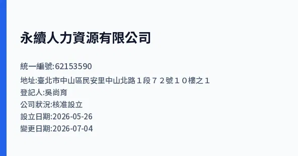 永續人力資源有限公司的照片-統編 62153590(臺北市) 公司登記資料與營業項目詳細圖表