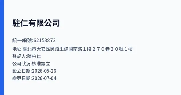 駐仁有限公司的照片-統編 62153873(臺北市) 公司登記資料與營業項目詳細圖表