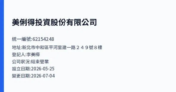 美俐得投資股份有限公司的照片-統編 62154248(新北市) 公司登記資料與營業項目詳細圖表