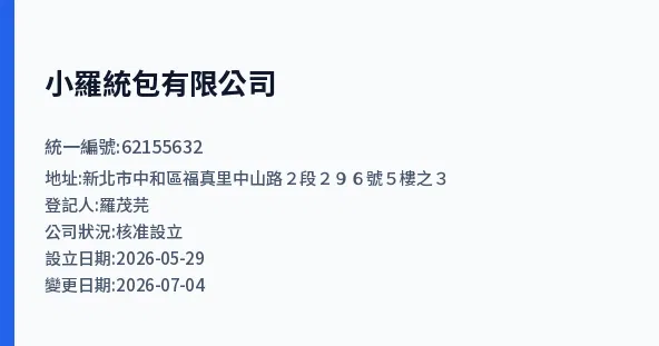 小羅統包有限公司的照片-統編 62155632(新北市) 公司登記資料與營業項目詳細圖表