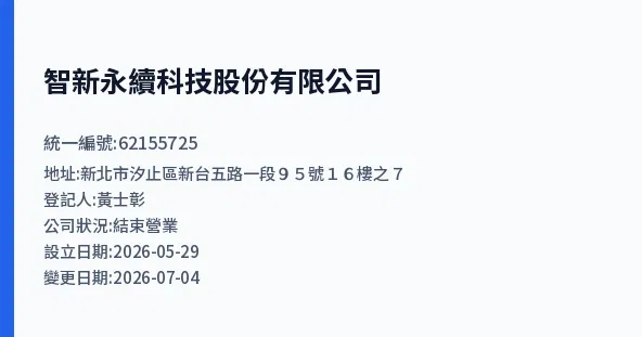 智新永續科技股份有限公司的照片-統編 62155725 公司登記資料與營業項目詳細圖表