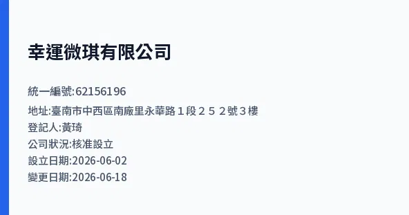 幸運微琪有限公司的照片-統編 62156196(臺南市) 公司登記資料與營業項目詳細圖表
