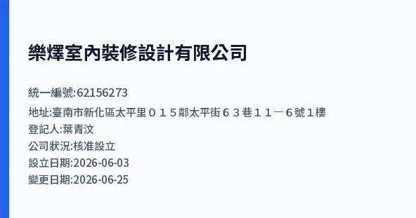 樂燡室內裝修設計有限公司的照片-統編 62156273(臺南市) 公司登記資料與營業項目詳細圖表