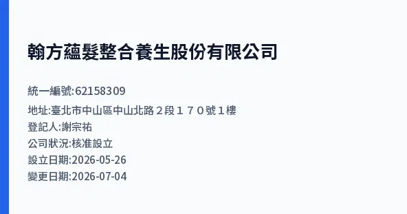 翰方蘊髮整合養生股份有限公司的照片-統編 62158309(臺北市) 公司登記資料與營業項目詳細圖表