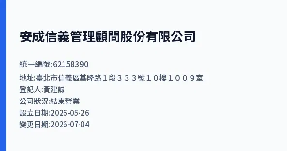 安成信義管理顧問股份有限公司的照片-統編 62158390 公司登記資料與營業項目詳細圖表