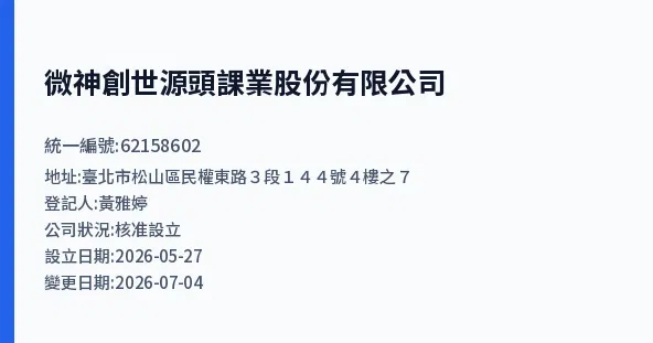 微神創世源頭課業股份有限公司的照片-統編 62158602(臺北市) 公司登記資料與營業項目詳細圖表