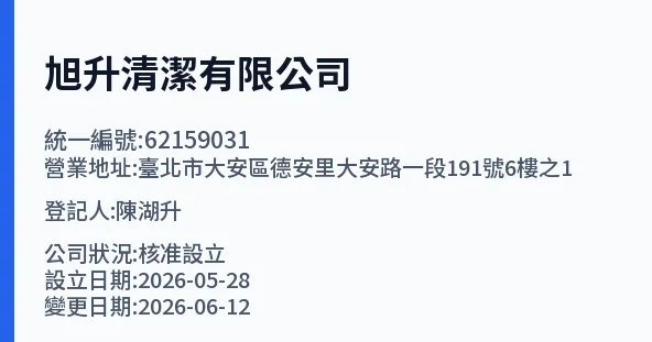 旭升清潔有限公司的照片-統編 62159031(臺北市) 公司登記資料與營業項目詳細圖表