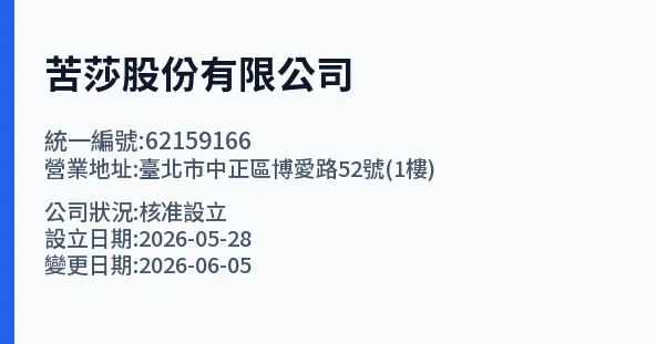 苦莎股份有限公司的照片-統編 62159166(臺北市) 公司登記資料與營業項目詳細圖表
