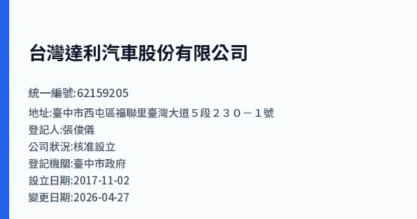 台灣達利汽車股份有限公司的照片-統編 62159205(臺中市) 公司登記資料與營業項目詳細圖表