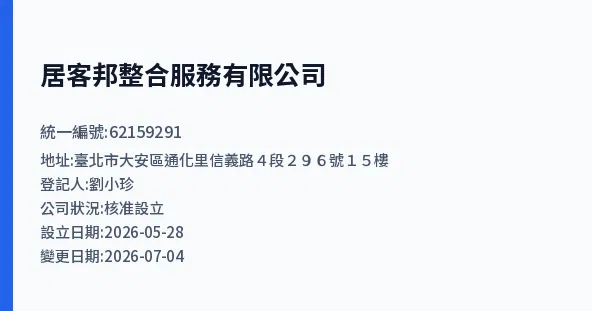 居客邦整合服務有限公司的照片-統編 62159291(臺北市) 公司登記資料與營業項目詳細圖表