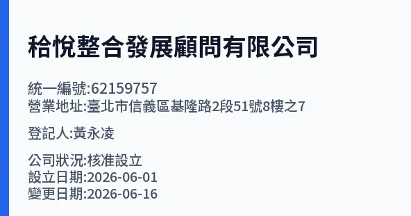 秴悅整合發展顧問有限公司的照片-統編 62159757(臺北市) 公司登記資料與營業項目詳細圖表