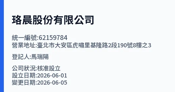 珞晨股份有限公司的照片-統編 62159784(臺北市) 公司登記資料與營業項目詳細圖表