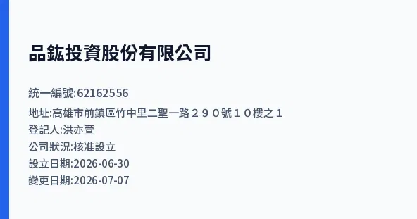 品鈜投資股份有限公司的照片-統編 62162556(高雄市) 公司登記資料與營業項目詳細圖表
