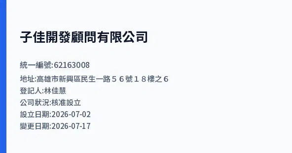 子佳開發顧問有限公司的照片-統編 62163008(高雄市) 公司登記資料與營業項目詳細圖表