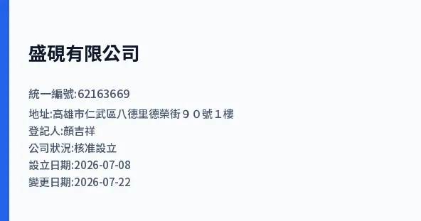 盛硯有限公司的照片-統編 62163669(高雄市) 公司登記資料與營業項目詳細圖表