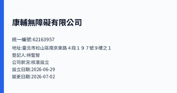 康輔無障礙有限公司的照片-統編 62163957(臺北市) 公司登記資料與營業項目詳細圖表