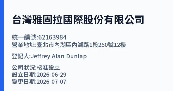 台灣雅固拉國際股份有限公司的照片-統編 62163984(臺北市) 公司登記資料與營業項目詳細圖表