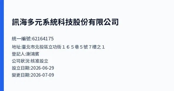 訊海多元系統科技股份有限公司的照片-統編 62164175(臺北市) 公司登記資料與營業項目詳細圖表