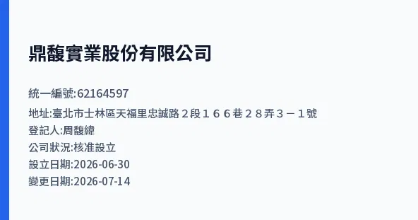 鼎馥實業股份有限公司的照片-統編 62164597(臺北市) 公司登記資料與營業項目詳細圖表