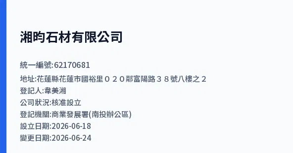 湘昀石材有限公司的照片-統編 62170681(花蓮縣) 公司登記資料與營業項目詳細圖表