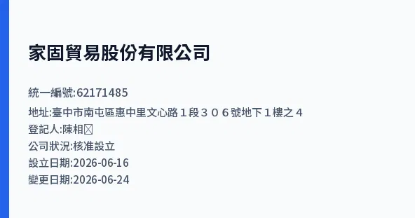 家固貿易股份有限公司的照片-統編 62171485(臺中市) 公司登記資料與營業項目詳細圖表