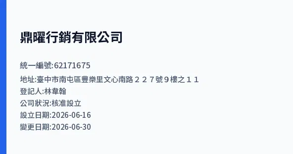 鼎曜行銷有限公司的照片-統編 62171675(臺中市) 公司登記資料與營業項目詳細圖表
